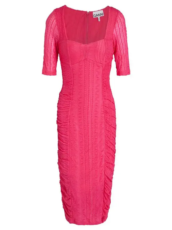 GANNI Ruched Jacquard-knit Dress - Fuchsia