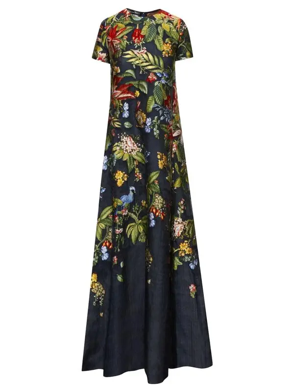 Oscar De La Renta Flora & Fauna Print Short-sleeve Gown - Blue