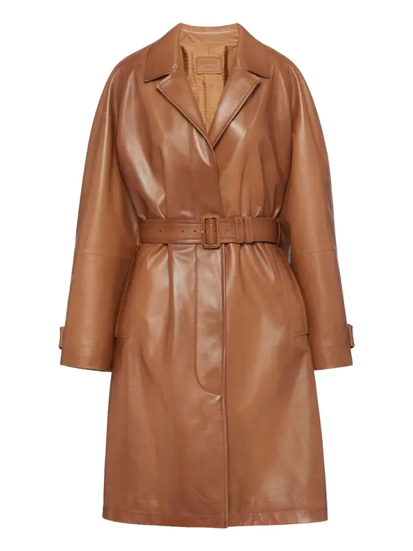 Prada Belted Leather Trench Coat - Brown