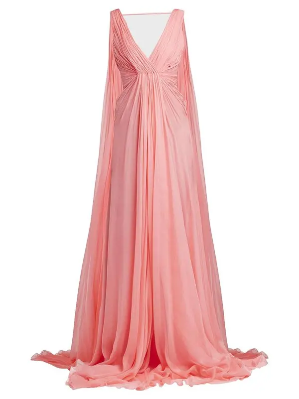 Valentino Garavani Plunging Pleated Silk Cape Gown - Bright Pink