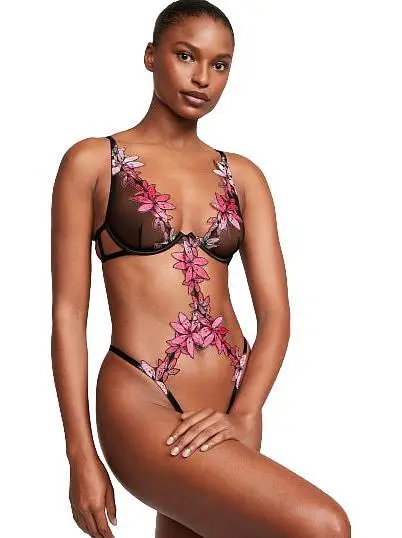 Victoria's Secret Very Sexy Ziggy Glam Floral Embroidery Unlined Cutout Teddy - Print