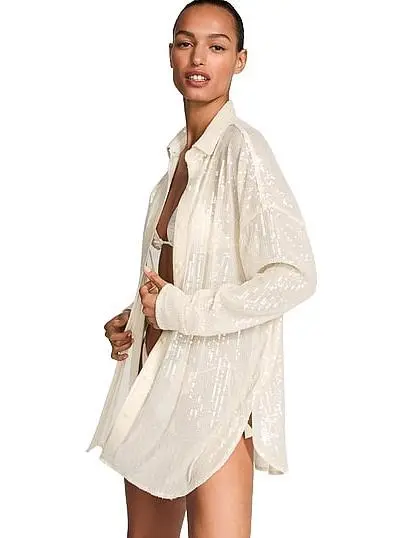 Victoria's Secret Swim Boyfriend Shirt Dress - White,ivory