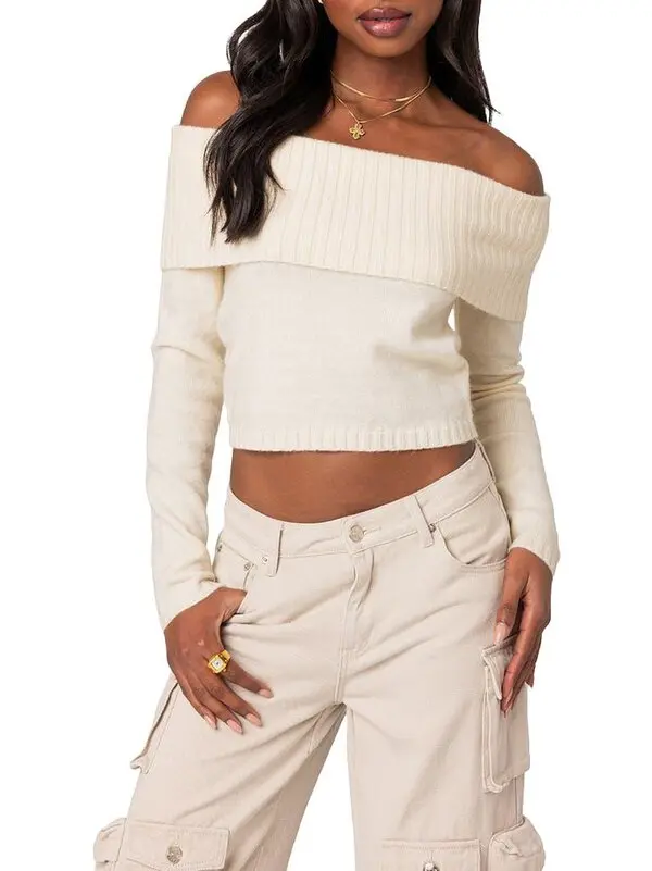 EDIKTED Tamara Foldover Off The Shoulder Sweater - Cream