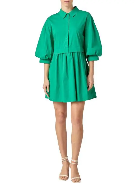 English Factory Puff Sleeve Shirtdress - Green