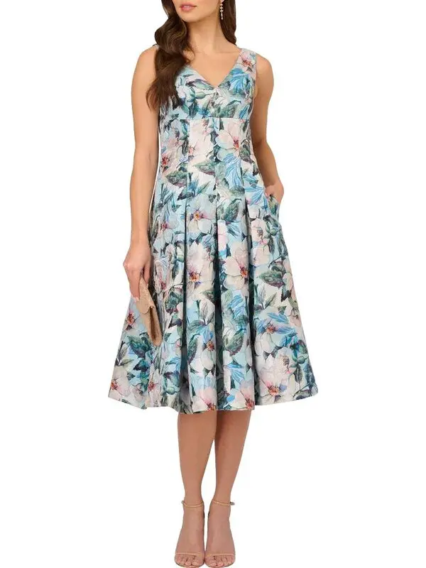 Adrianna Papell Floral Jacquard Midi Fit & Flare Cocktail Dress - Blue Multi