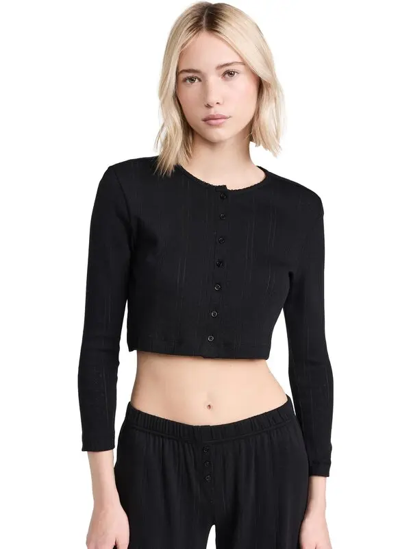 COUCOU Cropped Pointelle Cardigan - Black