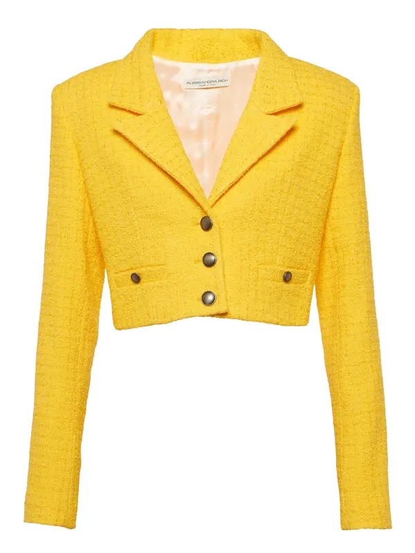 Alessandra Rich Cropped Bouclé Tweed Blazer - Yellow