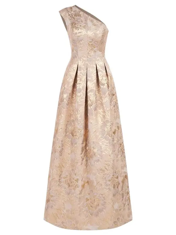 KAY UNGER Carolyn Jacquard One-shoulder Gown - Hazelnut