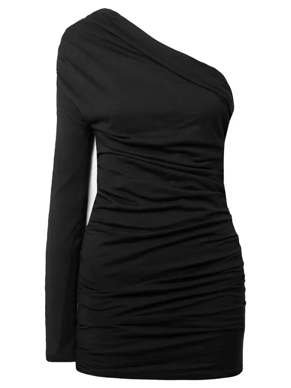 INTERIOR The Laney One-sleeve Ruched Cotton-jersey Mini Dress - Black