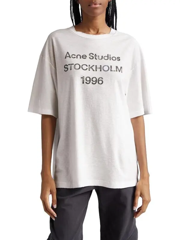 Acne Studios Exford 1996 Mélange Distressed Logo Cotton & Hemp Graphic T-shirt - Dusty White