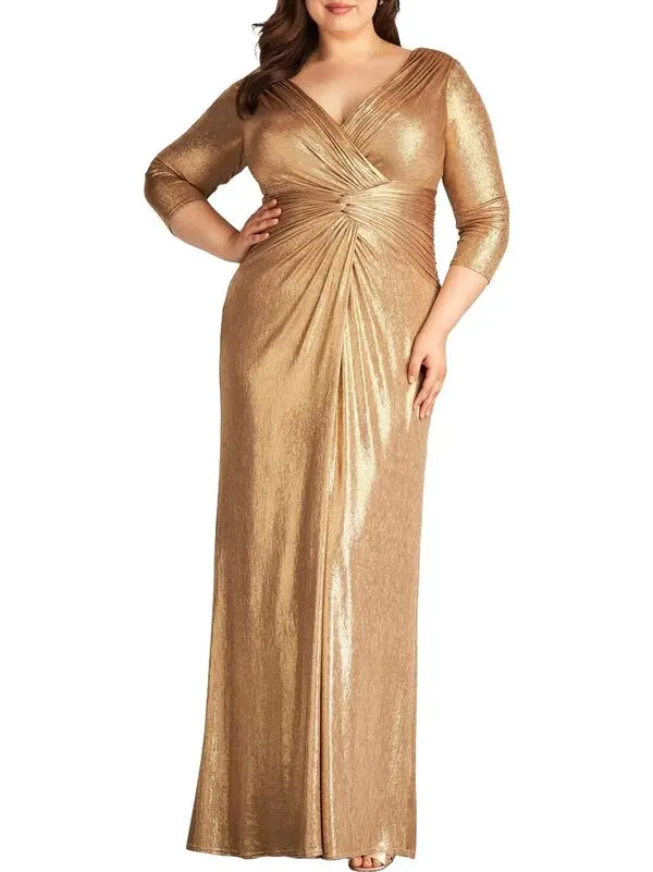 Tadashi Shoji Metallic Long Sleeve Gown - Gold Dust