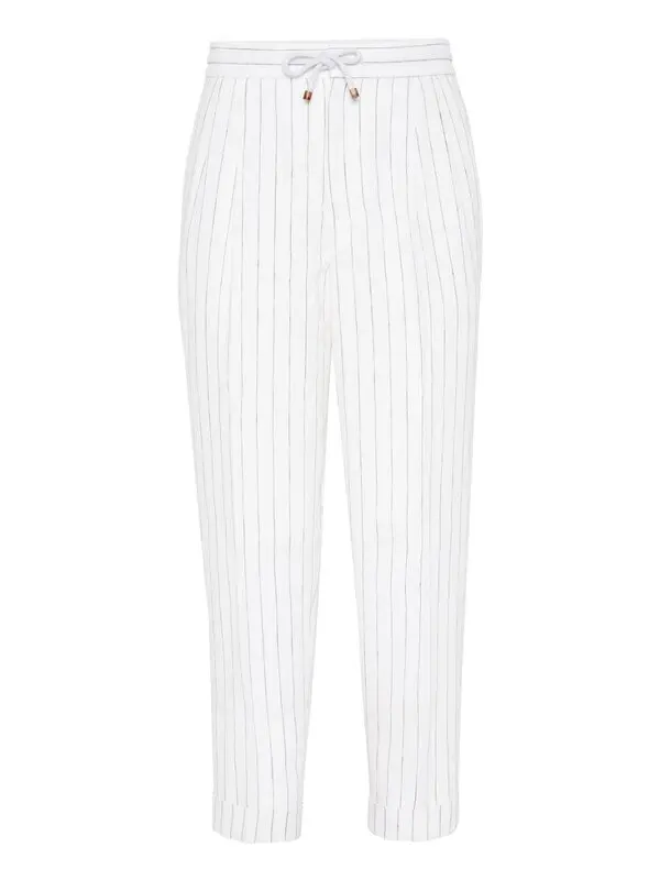 Brunello Cucinelli Tapered-leg Striped Linen Trousers - White