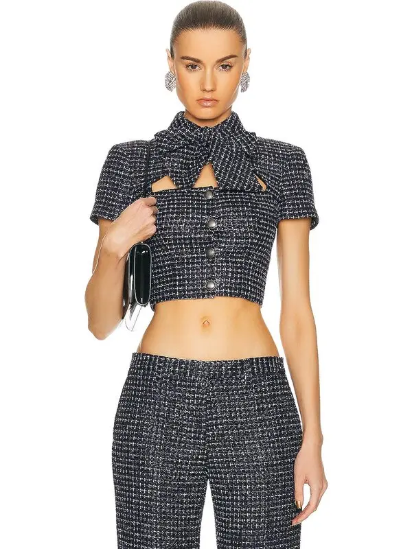 Alessandra Rich Sequin Checked Tweed Cropped Jacket - Dark Blue