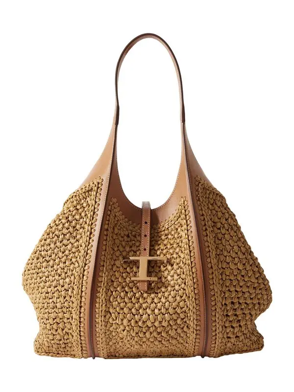 TOD'S T Timeless Raffia Shoulder Bag - Neutrals