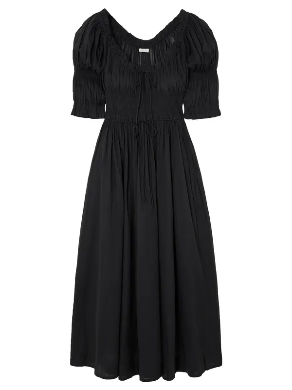 DÔEN Ischia Shirred Organic Cotton-voile Midi Dress - Black