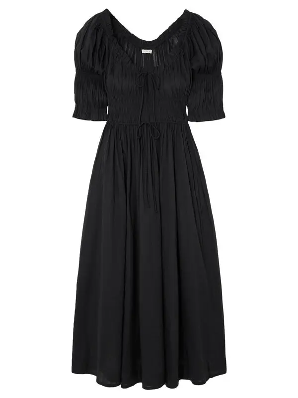 DÔEN Ischia Shirred Organic Cotton-voile Midi Dress - Black