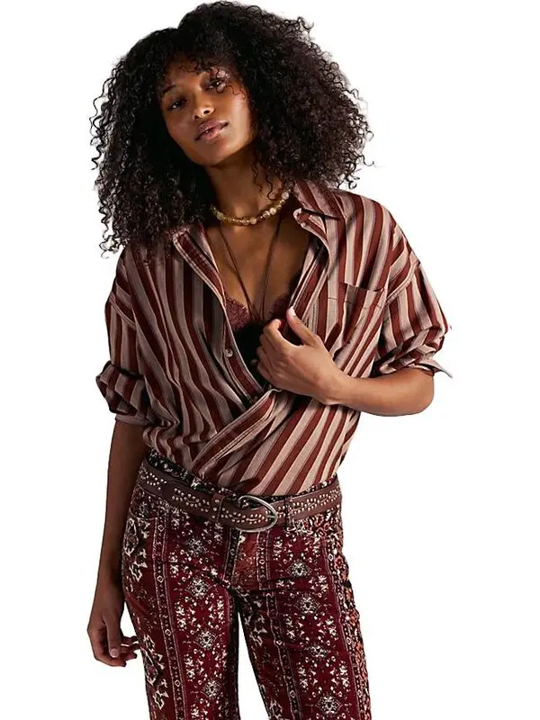 Free People We The Free Freddie Striped Shirt - Espresso Combo