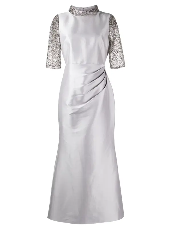 Badgley Mischka Beaded Pleated Crepe Gown - Grey