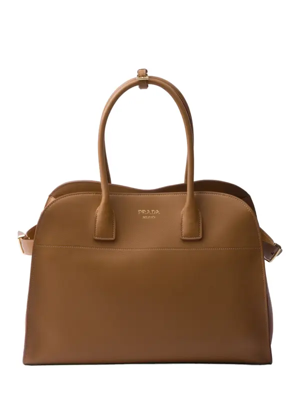 Prada Large Leather Tote Bag With Buckles - Caramel