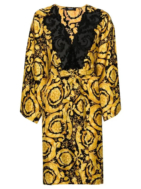 Versace Barocco-print Silk Robe - Black