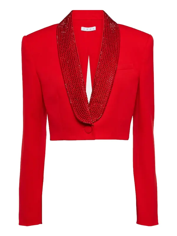 AREA Crystal-embellished Cropped Wool Blazer - Red