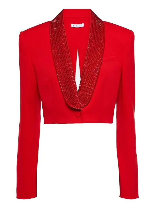 AREA Crystal-embellished Cropped Wool Blazer - Red