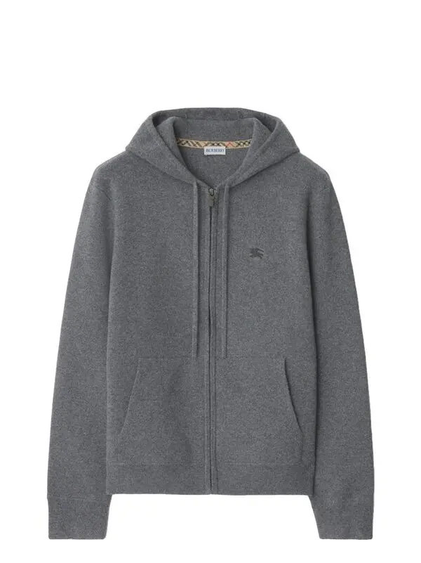 Burberry Cashmere Blend Zip Hoodie With Equestrian Knight Design - Grey