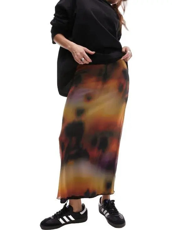 Topshop Abstract Print Mesh Maxi Skirt - Black Multi