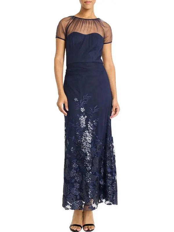 Maggy London Floral Appliqué Mesh Gown - Navy