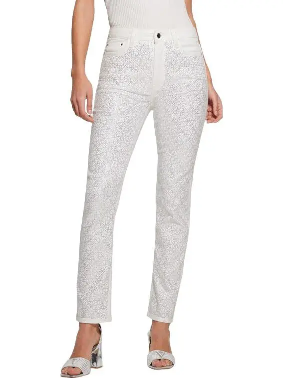 Guess Rhinestone Embellished Slim Fit Pants - White