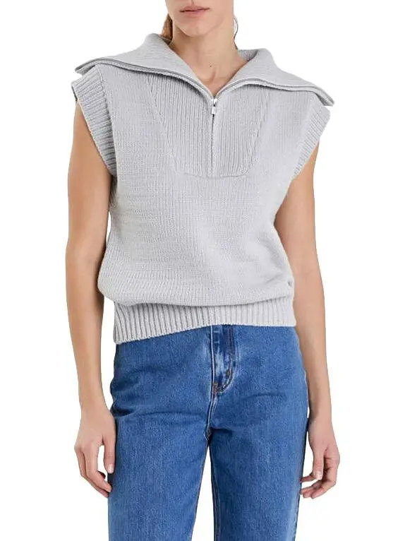 English Factory Zip Mock Neck Cap Sleeve Sweater - Grey