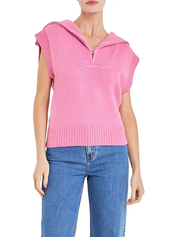 English Factory Zip Mock Neck Cap Sleeve Sweater - Pink