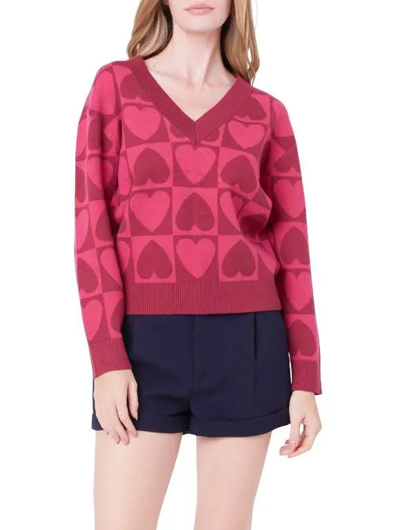 English Factory Heart V-neck Pullover Sweater - Pink Multi