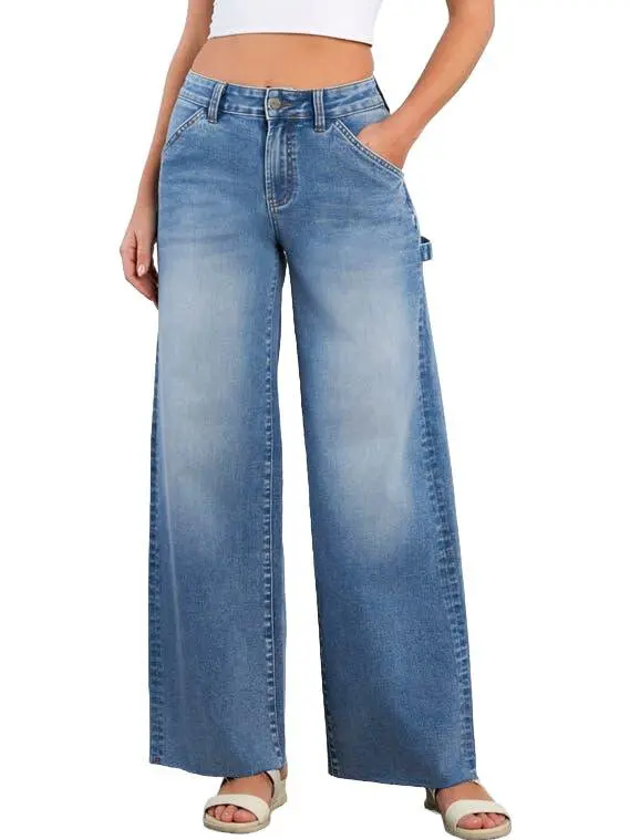 HINT OF BLU Raw Hem Wide Leg Carpenter Jeans - Ace Blue