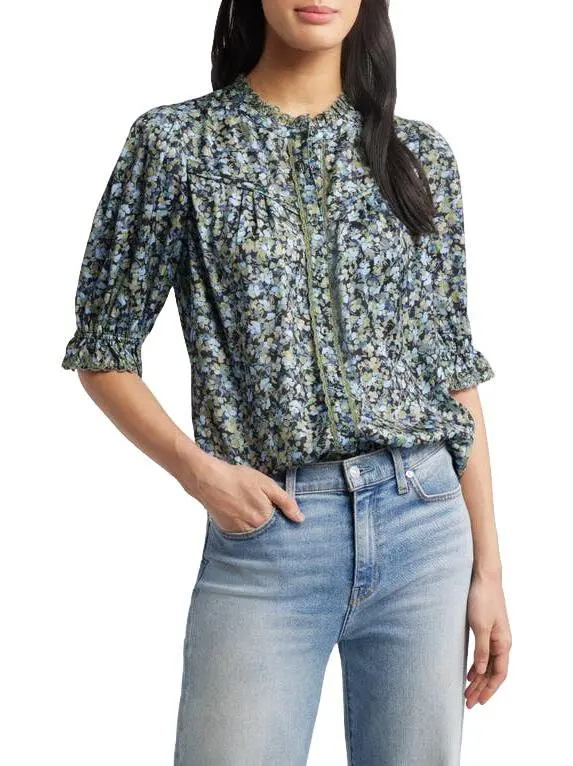 Wit & Wisdom Print Ruffle Eyelet Shirt - Black/ Deep Seagrass Multi