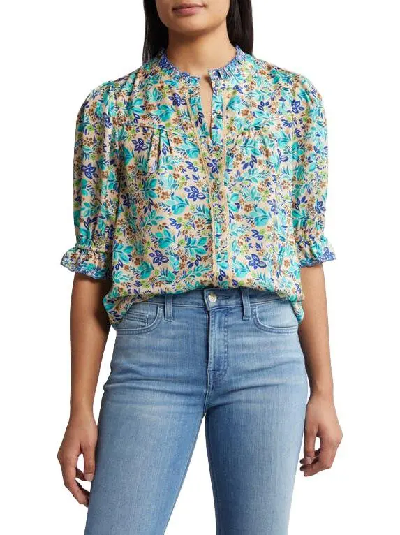 Wit & Wisdom Print Ruffle Eyelet Shirt - Island Sky/macadamia Nut