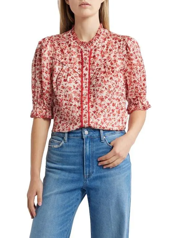 Wit & Wisdom Print Ruffle Eyelet Shirt - Off White/ Poppy Red Multi