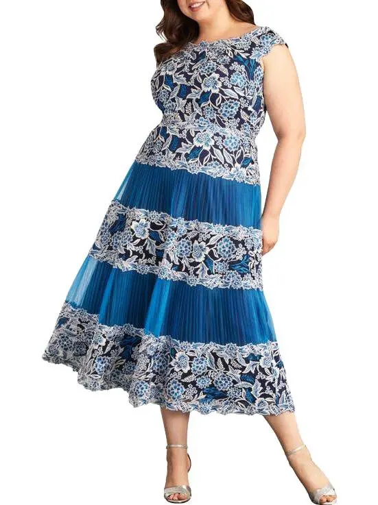 Tadashi Shoji Floral Embroidery Pleated Midi Dress - Pacific Blue
