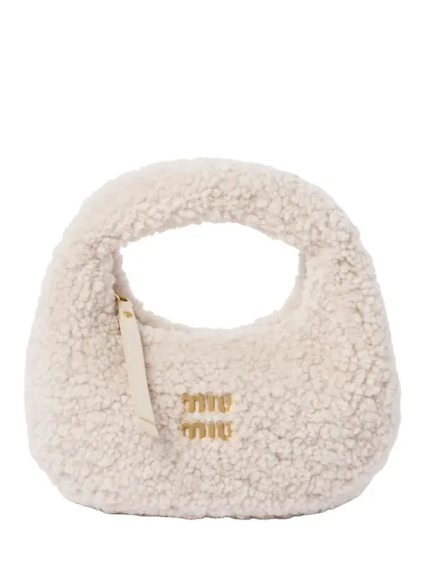 Miu Miu Shearling Hobo Bag With Leather Details - Ivory