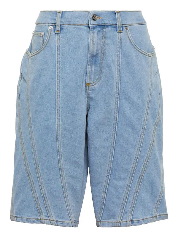 MUGLER Spiral Wide-leg Denim Shorts - Blue