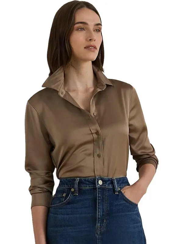 Ralph Lauren Classic Fit Satin Charmeuse Shirt - Taupe Brown