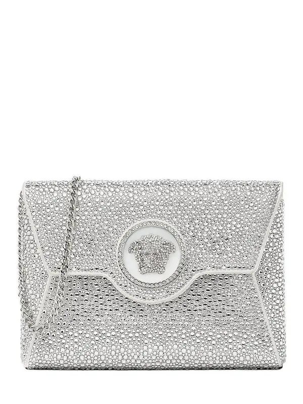 Versace La Medusa Embellished Satin Clutch - White