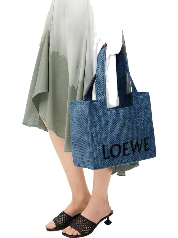 Loewe Medium Font Raffia Tote - Light Blue