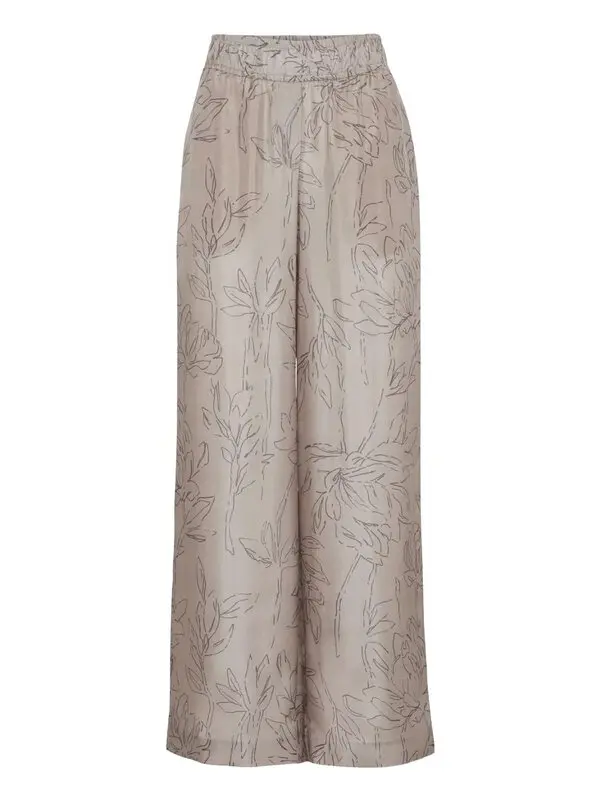 Brunello Cucinelli Leaf-print Silk Trousers - Brown