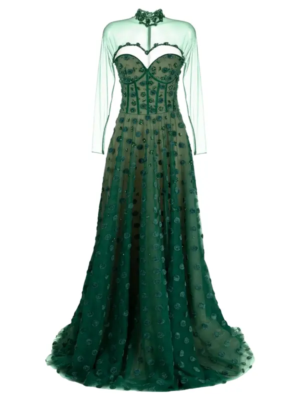 SAIID KOBEISY Polka Dot Beaded Tulle Gown - Green