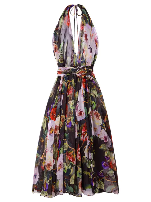 Dolce & Gabbana Gathered Floral-print Silk-chiffon Halterneck Midi Dress - Black