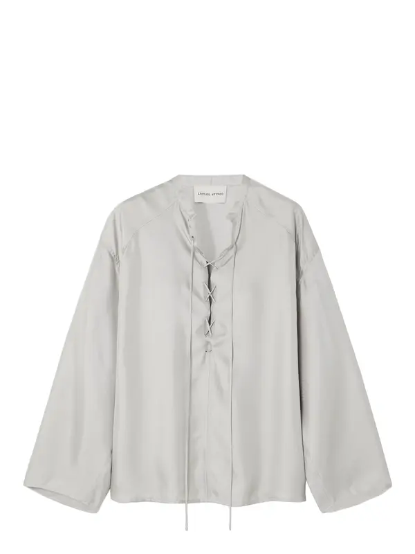 Loulou De Saison Zamia Lace-up Silk-twill Blouse - Silver