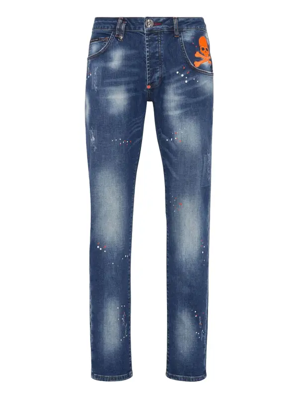 Philipp Plein Skull Paint-splatter Straight-leg Jeans - Blue
