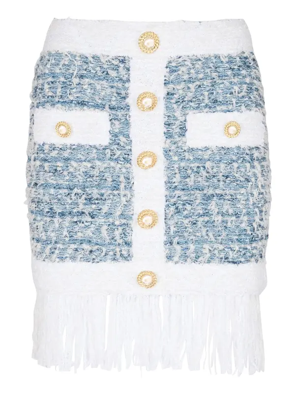 Balmain Tweed Mini Skirt With Fringe - Blue