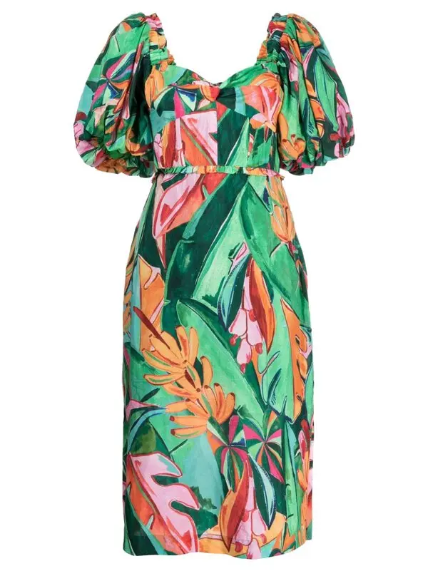 Farm Rio Floral-print Puff-sleeve Midi Dress - Multicolour